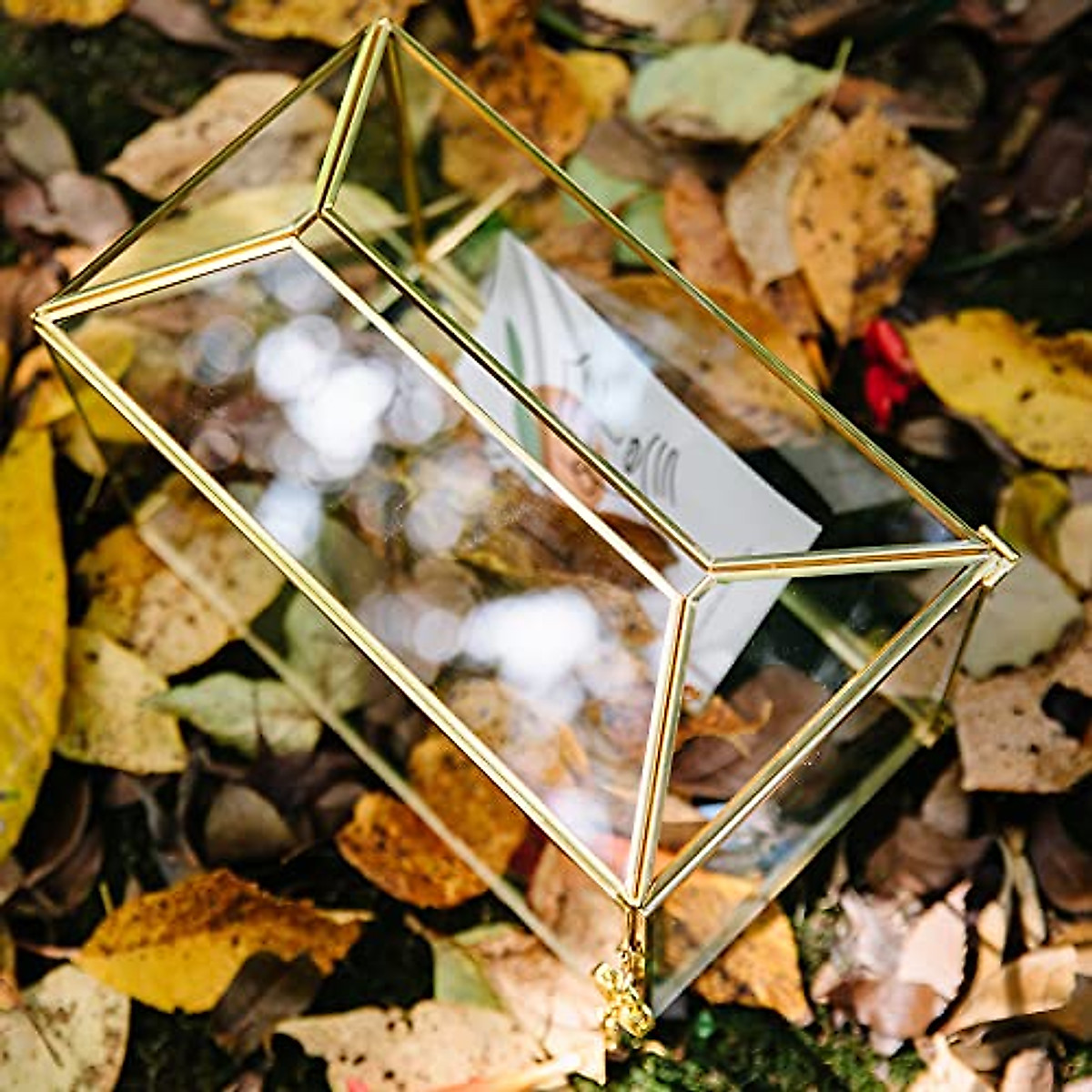 Defined Deco 10.2" Glass Card Box, Gift Display Box,Wedding Card Box with Heart Lock, Card and Gift Holder Glass Cards Box for Weddings, Birthdays, Graduations, Baby and Bridal Showers,Brass Frame.