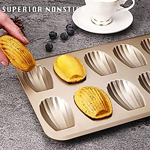 HONGBAKE Nonstick Madeleine Pan 2 Pack 12-Cavity Heavy Duty Madeleine Cookies Trays for Oven Baking, Warp Resistant Shell Shape Madeleine Mold Cake Pan, Champagne Gold