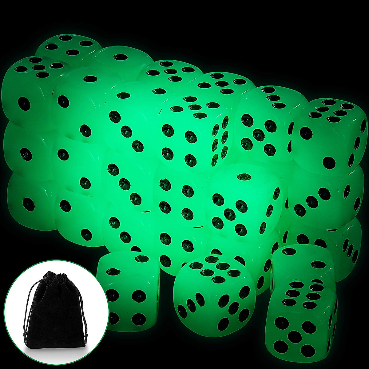 36 Pieces Glow in The Dark Dice Set, Luminous Dice 6 Sided with Black Velvet Pouches for Board Games, Activity Casino Theme Party Favors