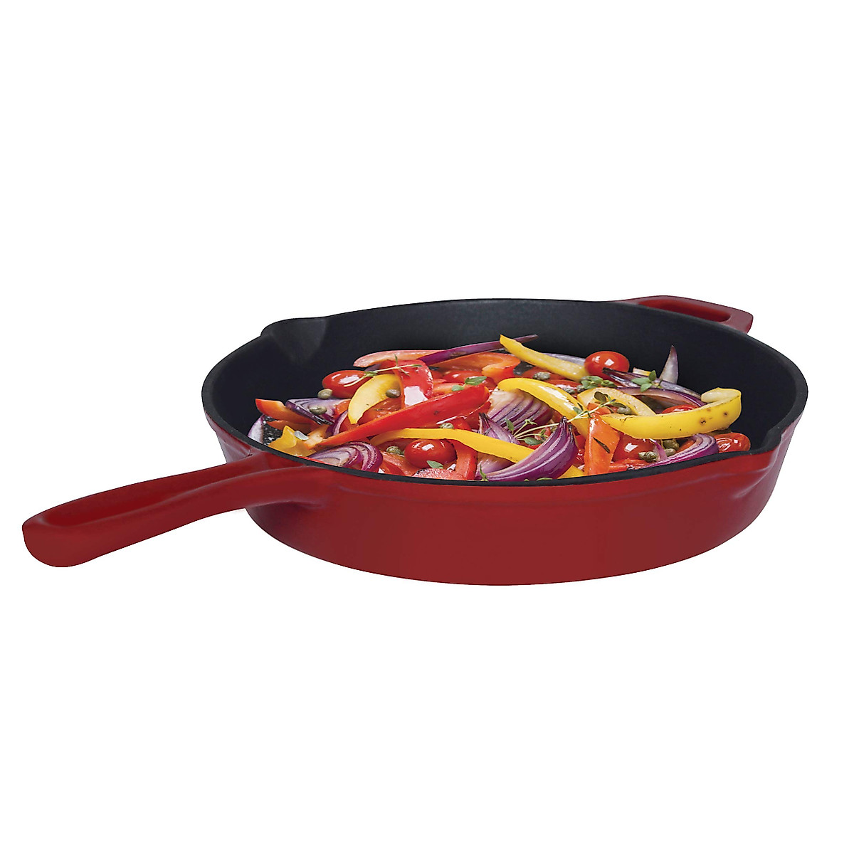 Hell's Kitchen Pre-seasoned Cast Iron Skillet – Oven Safe - Pour Spouts and Helper Handle, 10.5", Red