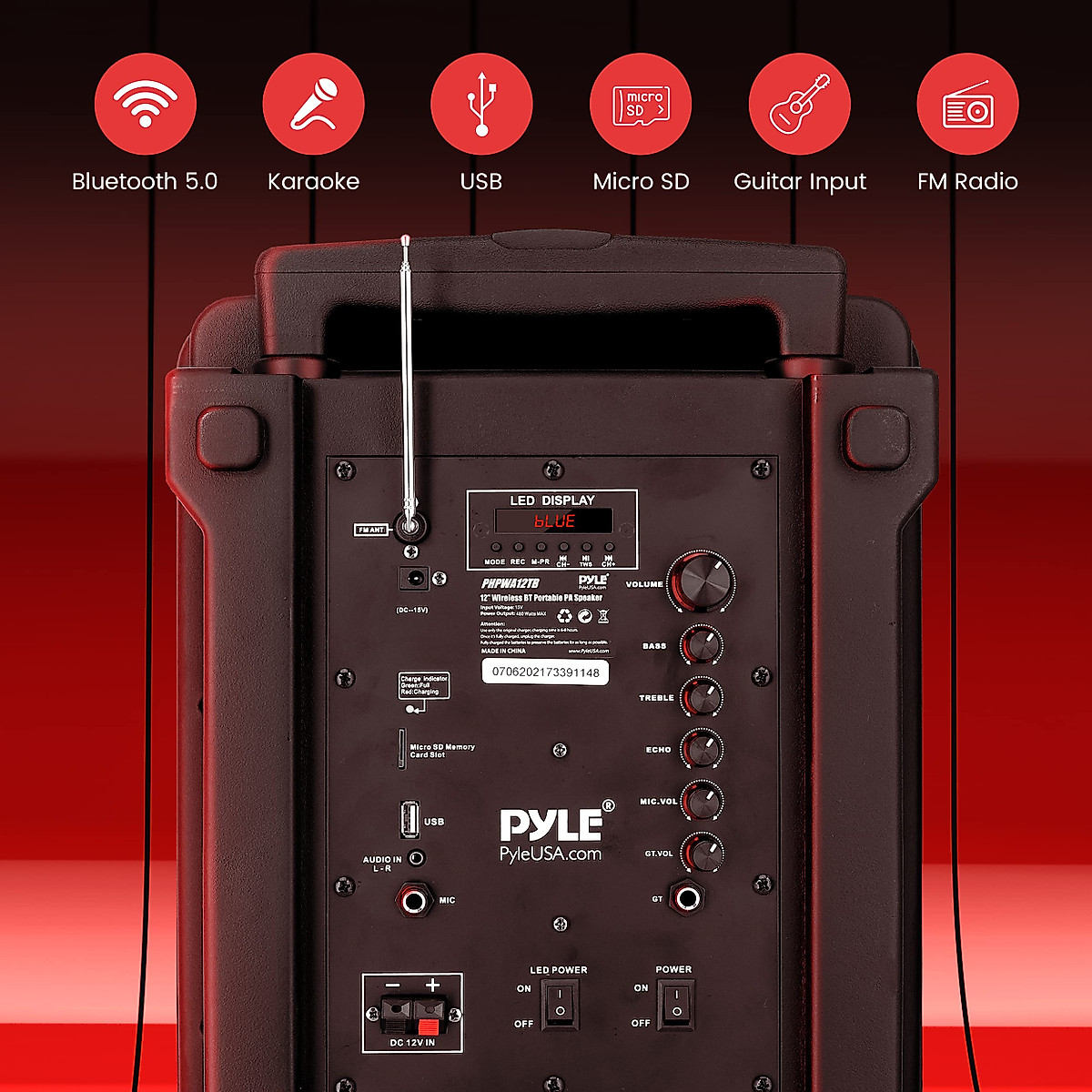 Pyle 12’’ Portable PA Speaker System - Wireless BT Streaming PA & Karaoke Party Audio Speaker, Two Wireless Mic, Wired Microphone, Tablet Stand, Flashing Party Lights, MP3/USB//FM Radio - PHPWA12TB