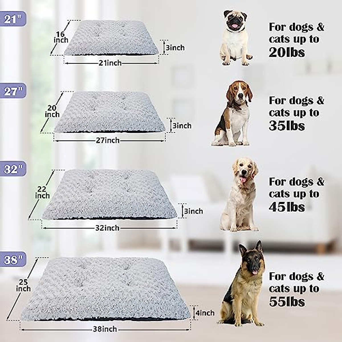 DOGKE Large Washable Dog Bed Deluxe Fluffy Plush Dog Crate Pad，Dog Beds Made for Large, Medium, Small Dogs and Cats, Anti-Slip Dog Crate Bed for Sleeping and Anti Anxiety, 32"x22", Gray