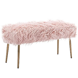 DM Furniture Faux Fur Vanity Bench Fuzzy Entryway Bench Furry Ottoman End of Bed Stool with Gold Metal Legs for Living Room Bedroom Closet, Pink