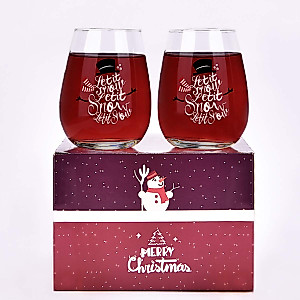 Let It Snow Christmas Wine Glass, 15 Oz Funny Stemless Wine Glasses for Women Friends Men, Gift Idea for Christmas Wedding Party, Set of 2