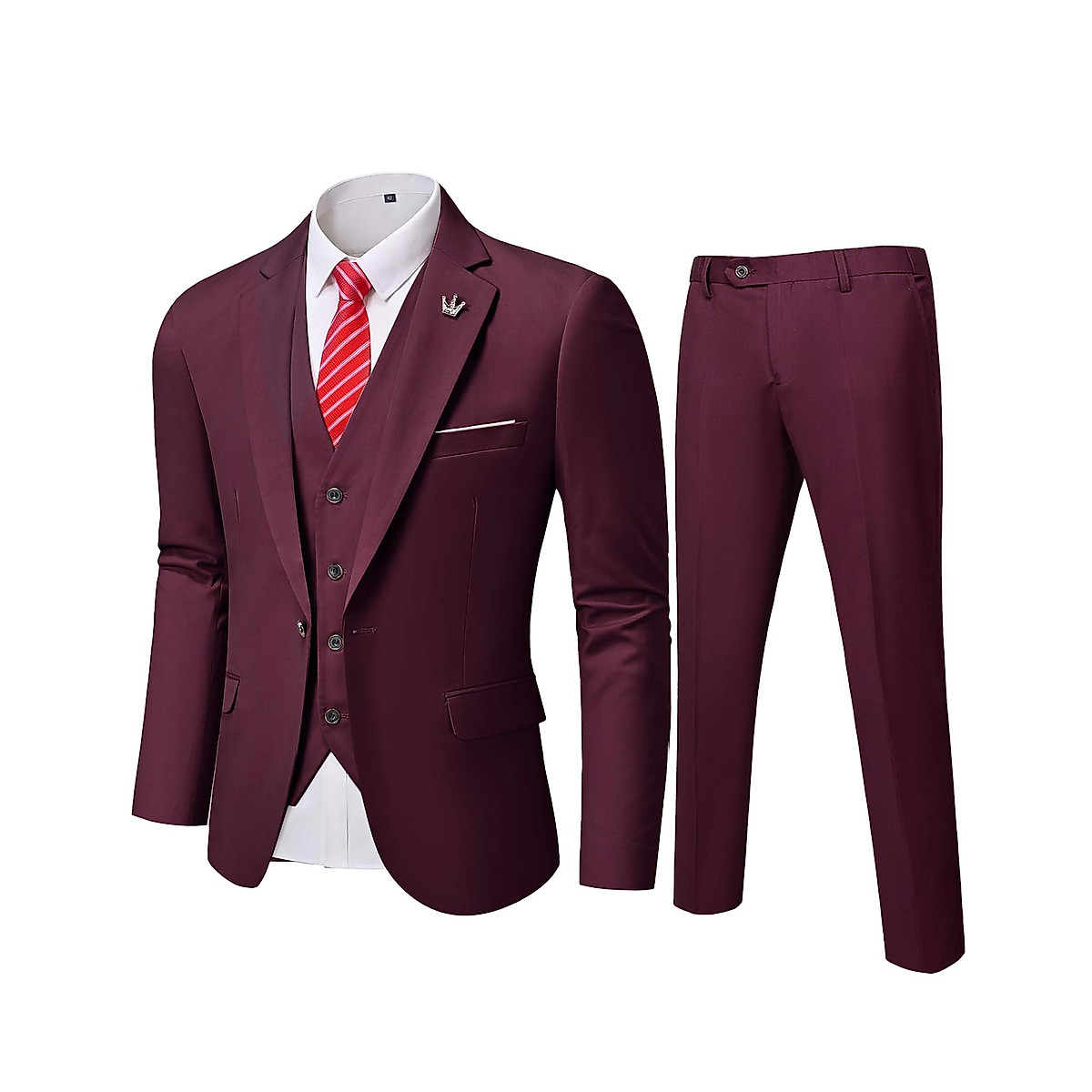MY'S Men's Blazer Vest Pants Set, One Button Jacket Waistcoat and Trousers, Solid Party Wedding Dress Burgundy Small