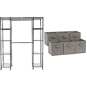 Amazon Basics Expandable Metal Hanging Storage Organizer Rack Wardrobe with Shelves, 14"-63" x 58"-72", Bronze & Collapsible Fabric Storage Cubes Organizer with Handles, Gray - Pack of 6
