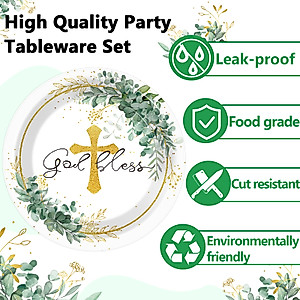 48pcs 7inch God Bless Baptism Plates First Holy Communion Tableware Newborn Baby Shower Mi Bautizo Eucalyptus Leaves Sage Disposable paper Dinnerware for Christening Religious Church Party Decorations