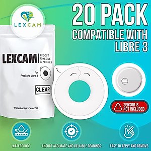 Lexcam Adhesive Freestyle Libre 3 Only Sensor Covers – Pack of 20 Patches, Waterproof, Transparent Cover w/Hole in Middle for Continuous Glucose Monitoring Device, Sensor is NOT Included