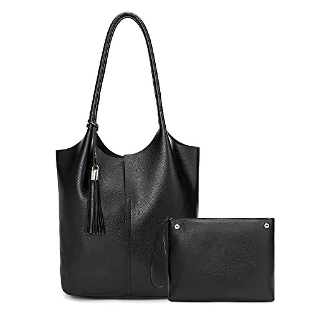 Keyli Hobo Bags for Women Set Waterproof Leather Shoulder Handbags Large Capacity Cute Tote Bag Shopping Travel Casual Top Handle Purse Solid Messenger Wallet with Tassel Black