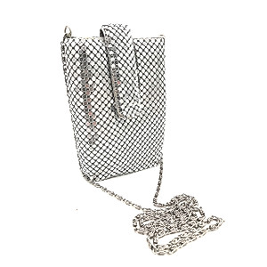 Women's Metal Mesh Small Cell Phone Pouch Bag Case Cross-Body Shoulder Strap (Silver)