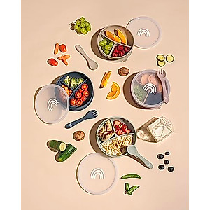 Hippypotamus Suction Bowls with Lids & Utensils - Baby & Toddler - 100% Food-Grade Silicone Divided Bowls - BPA Free - Dishwasher Safe - Set of 2 (Sage/Fog)