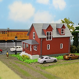 HO Scale Model Building 1:87 Residential Modern House Assembled Architectural for Model Train Layout Diorama JZHO01 (Red)