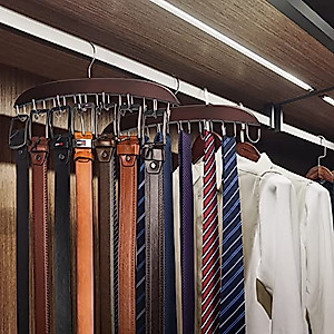 Belt Hanger, 14 Hooks Belt Holder for Closet, Wooden Tie/Belt Rack for Storage, 360°Rotating Belts Organizer for Closet Space Save Organizer for Tie, Tank Top, Scarf-Walnut Wood with Chrome Hooks