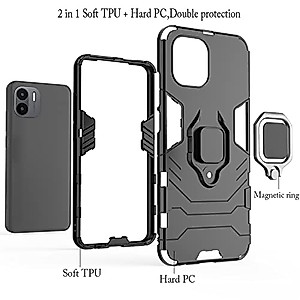 Compatible with Xiaomi Redmi A1 / Redmi A2 Case Kickstand with Tempered Glass Screen Protector [2 Pieces], Hybrid Heavy Duty Armor Dual Layer Anti-Scratch Phone Case Cover, Black