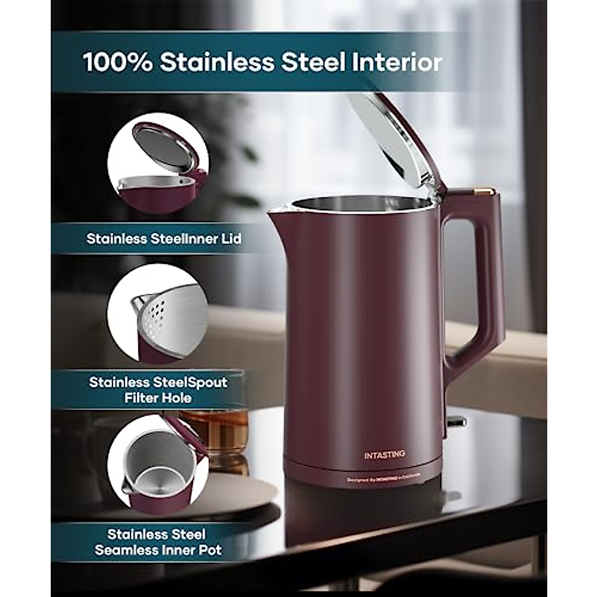 INTASTING Electric Kettle for boiling water Double Wall 100% Stainless Steel Inner 1500W Fast Heating 1.5L Hot Water Boiler Auto Shut-Off & Boil Dry Protection BPA-Free Electric Tea Kettle Red