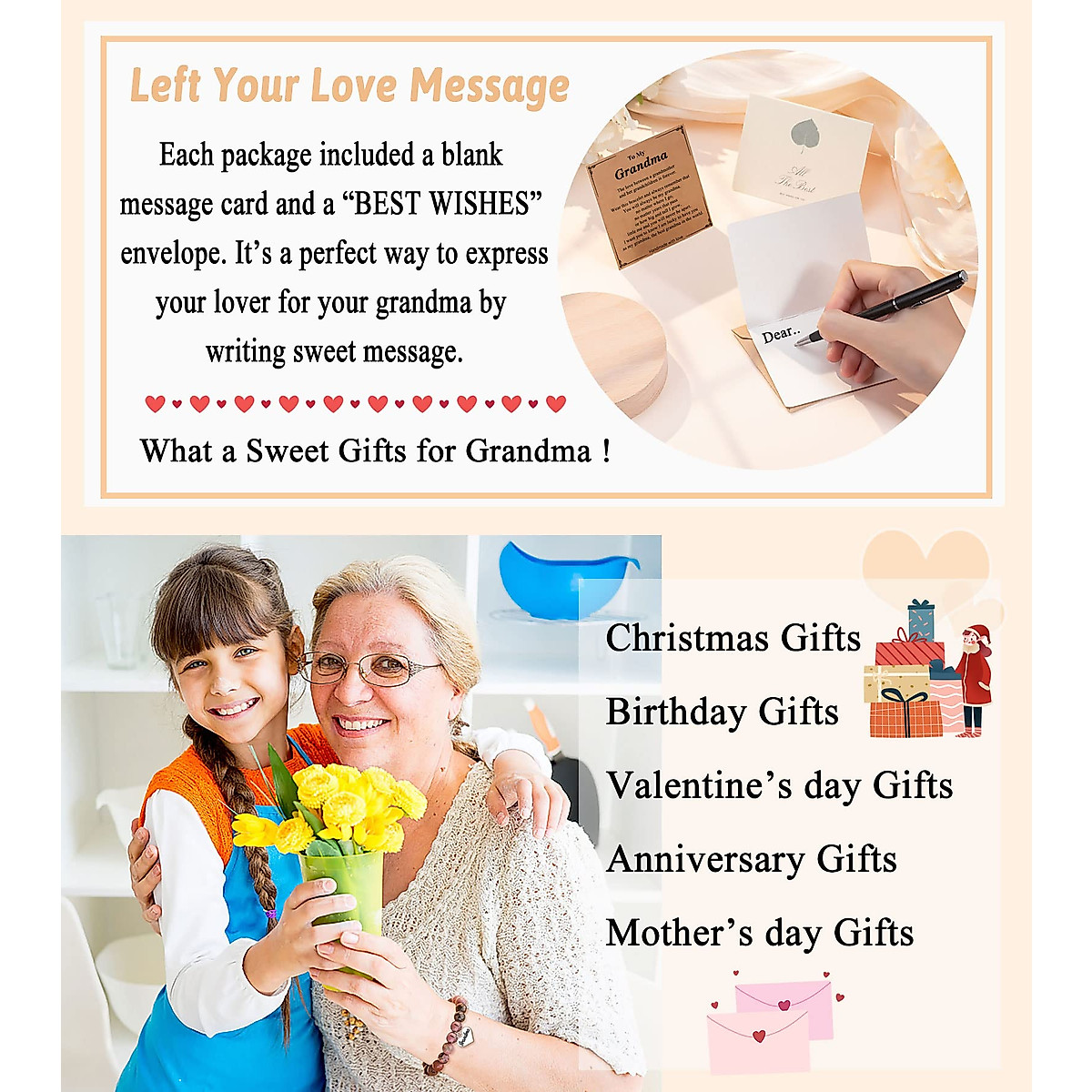 DiRikiss Grandma Bracelet for Women, Cubic Zirconia, 7inch, Stainless Steel, Heart Charm, Love Theme, Lobster Claw Clasp, Jewelry