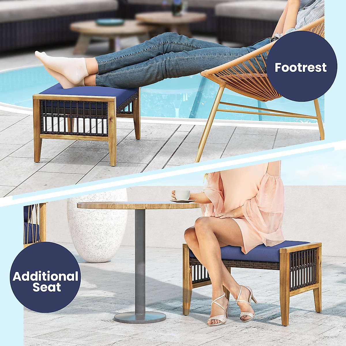 HAPPYGRILL 2 Pieces Outdoor Patio Ottomans, Acacia Wood Outdoor Footstools with Removable Cushions, Multifunctional Outdoor Wicker Footrest, Additional Sating, Navy