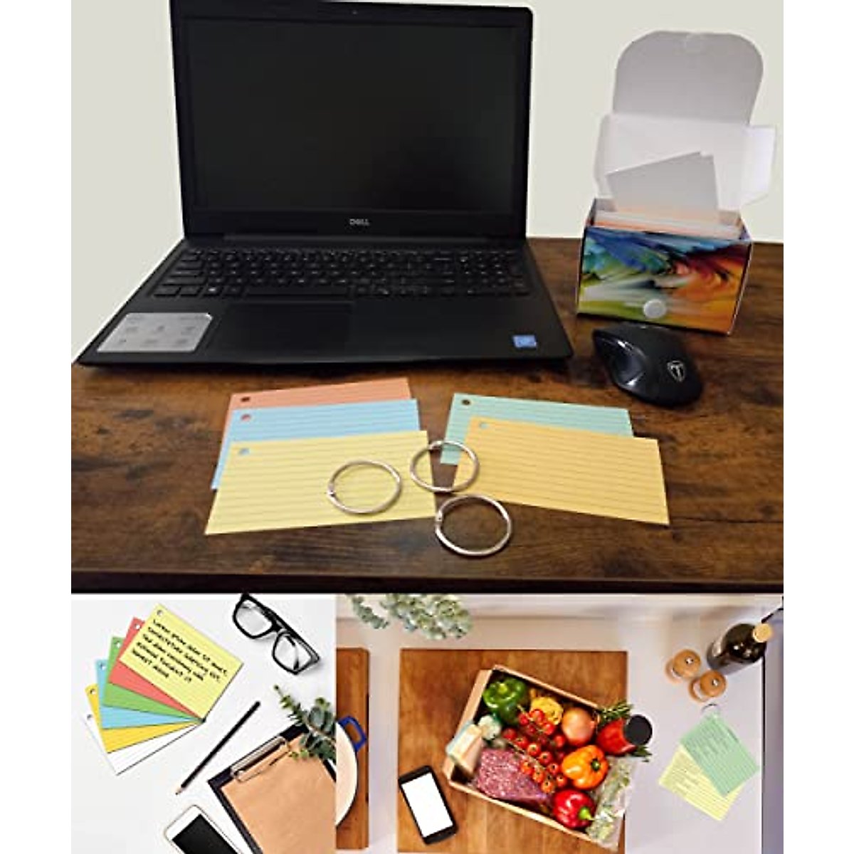 300 ruled index cards with rings (3" x 5") in 6 colors, with storage box. Ideal for students, teachers, note-taking, and language learning. Made in USA.