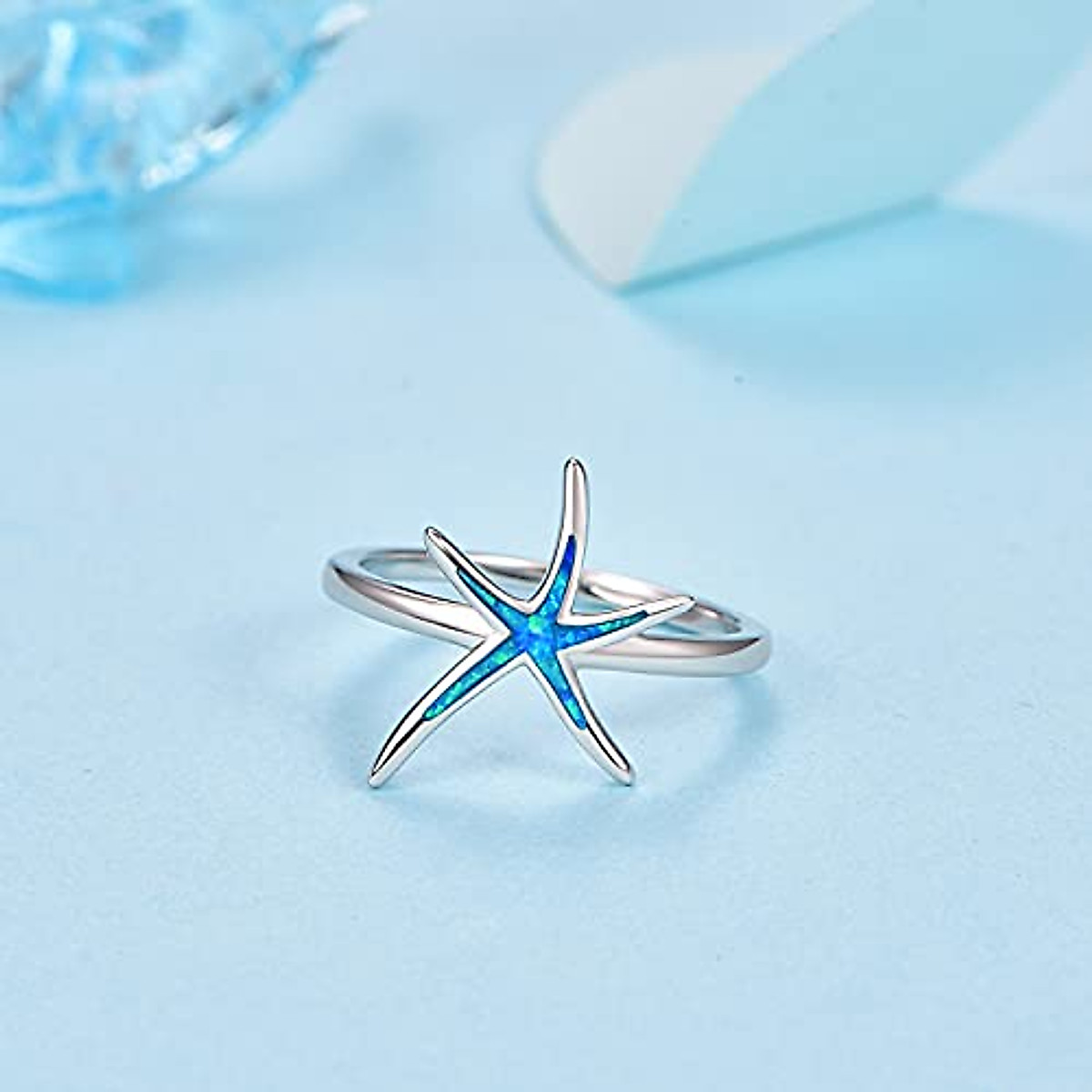 Cuoka Starfish Rings for Women, 925 Sterling Silver with Blue Opal Promise Hawaiian Beach Nautical Ocean Statement Fidget Ring Jewelry Birthday For Friend Wife