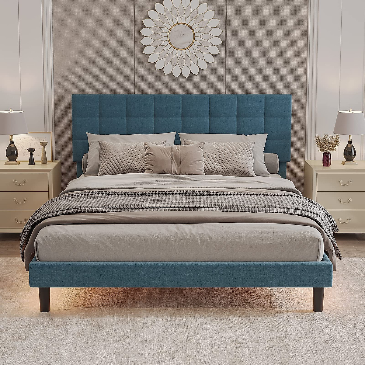 Yone jx je Queen Bed Frame with Lights,Upholstered Platform Bed Frame,Upholstered Queen Size Bed Frame,Mattress Foundation,Box Spring Needed,Easy Assembly (Blue)