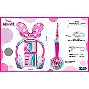 eKids Minnie Mouse Kids Bluetooth Headphones, Wireless Headphones with Microphone Includes Aux Cord, Volume Reduced Kids Foldable Headphones for School, Home, or Travel