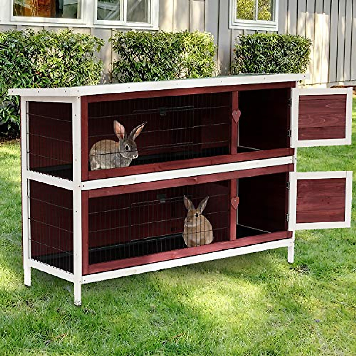 PawHut 54" 2-Story Rabbit Hutch Bunny Cage with Openable Roof, No Leak Tray and Fun Enclosed Run, Indoor/Outdoor