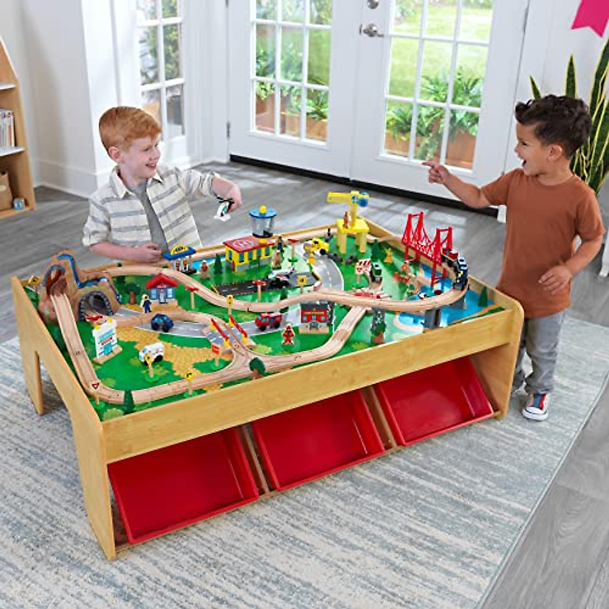KidKraft 17850 Waterfall Mountain Wooden Train Set & Table with 120 Pieces, 3 Storage Bins