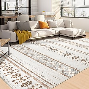 BESTSWEETIE 8x10 Area Rug for Living Room Washable Rug Moroccan Farmhouse Neutral Geometric Soft Low Pile Non-Slip Water Repellent Rug for Dining Room Bedroom Cream/Brown