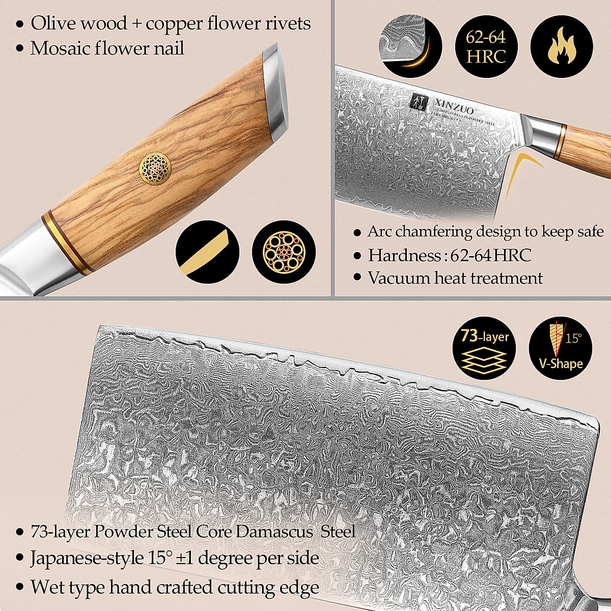XINZUO Cleaver Knife 7.5 Inch, 73 Layer Damascus Steel Powder Steel Core Chinese Chef's Knife, Multifunction Vegetable Meat Slicing Knife with Olive Wood Handle -Lan Series