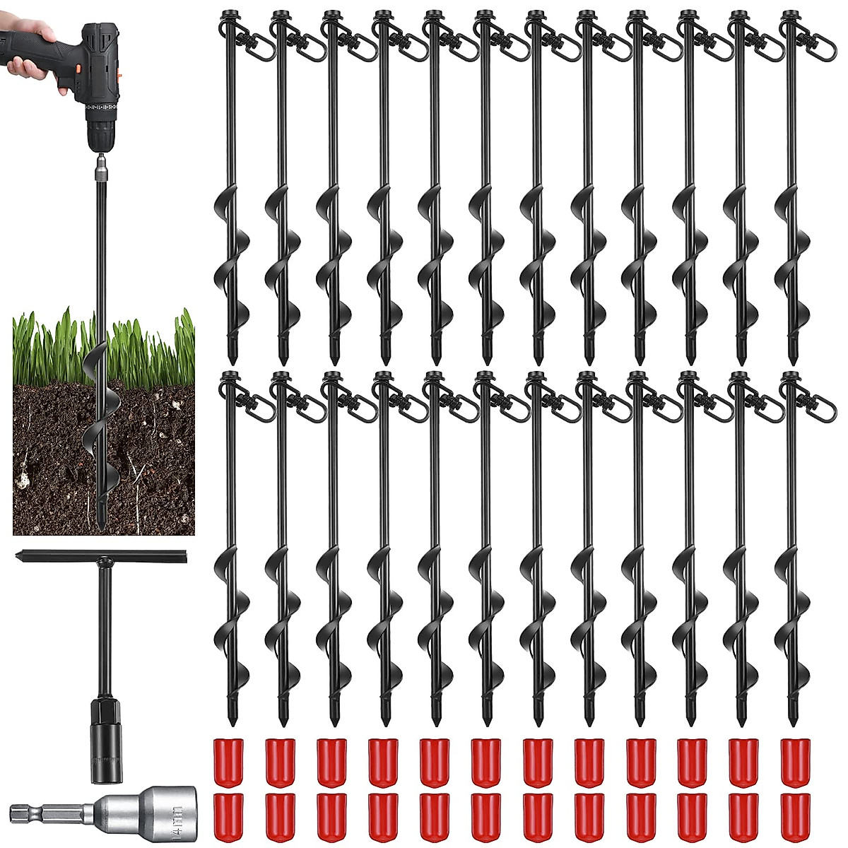 Reginary 24 Pcs 12 Inch Ground Anchors Screw in Tent Stakes Heavy Duty Trampoline Anchors High Wind for Camping Canopy Carport Sheds Beach Sand Stakes Metal Swing Set (Black)