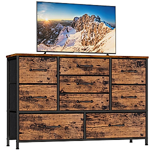 Furnulem Wide Dresser with 9 Large Drawers for 55'' Long TV Stand Entertainment Center,Wood Shelf Storage for Bedroom,Living Room,Closet,Entryway,Sturdy Metal Frame (Rustic Brown
