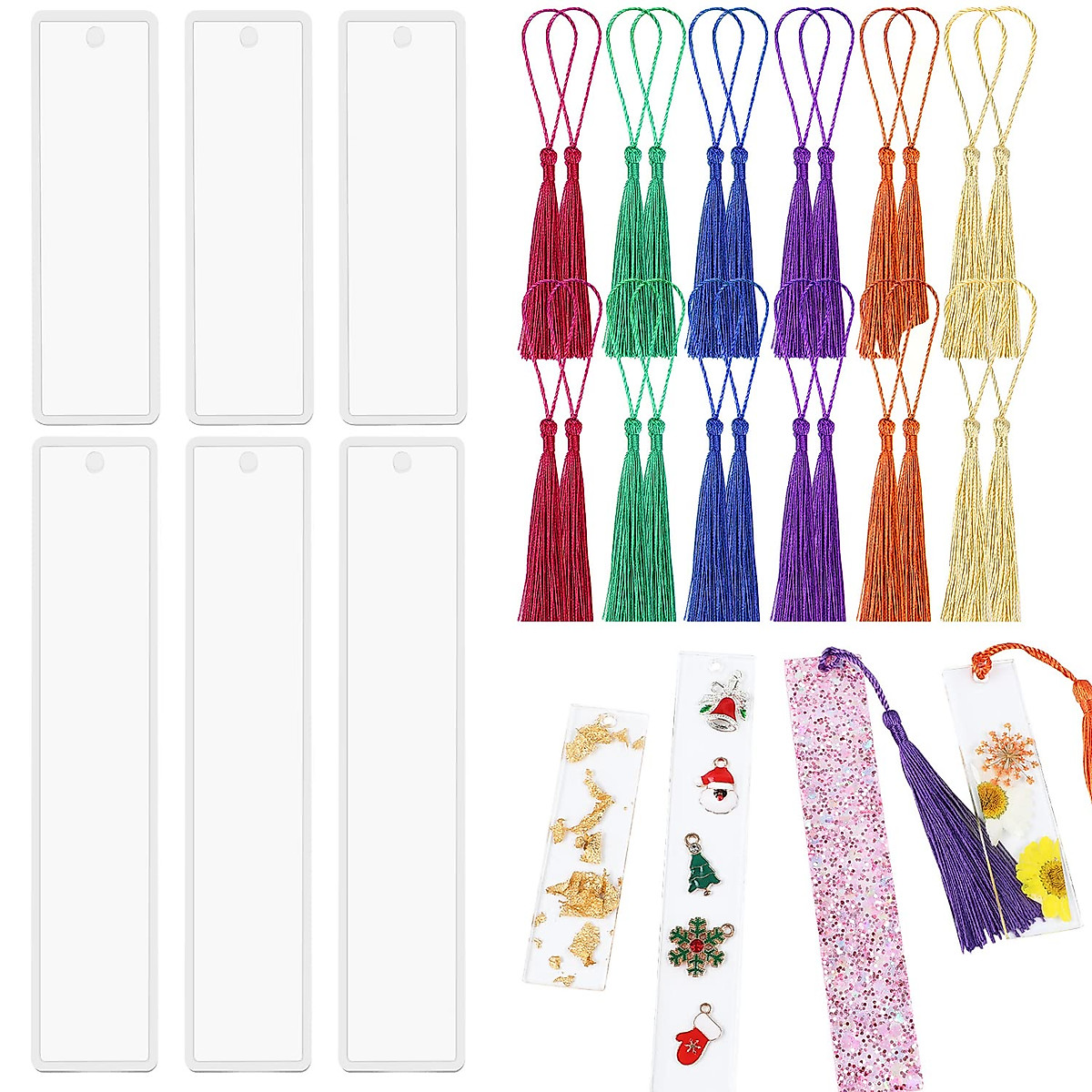 6 Pack DIY Bookmark Resin Mold Rectangle Bookmark Silicone Molds with 24 Pieces Colorful Tassels for Jewelry DIY Craft (6)