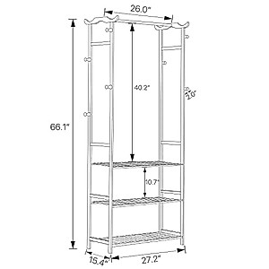 MoNiBloom Freestanding Garment Rack with Shelves and Hooks, Bamboo Tall 3 Tiers Clothes Racks Clothing Storage Shelving Unit for Bedroom Laundry Room Guest Room, Natural