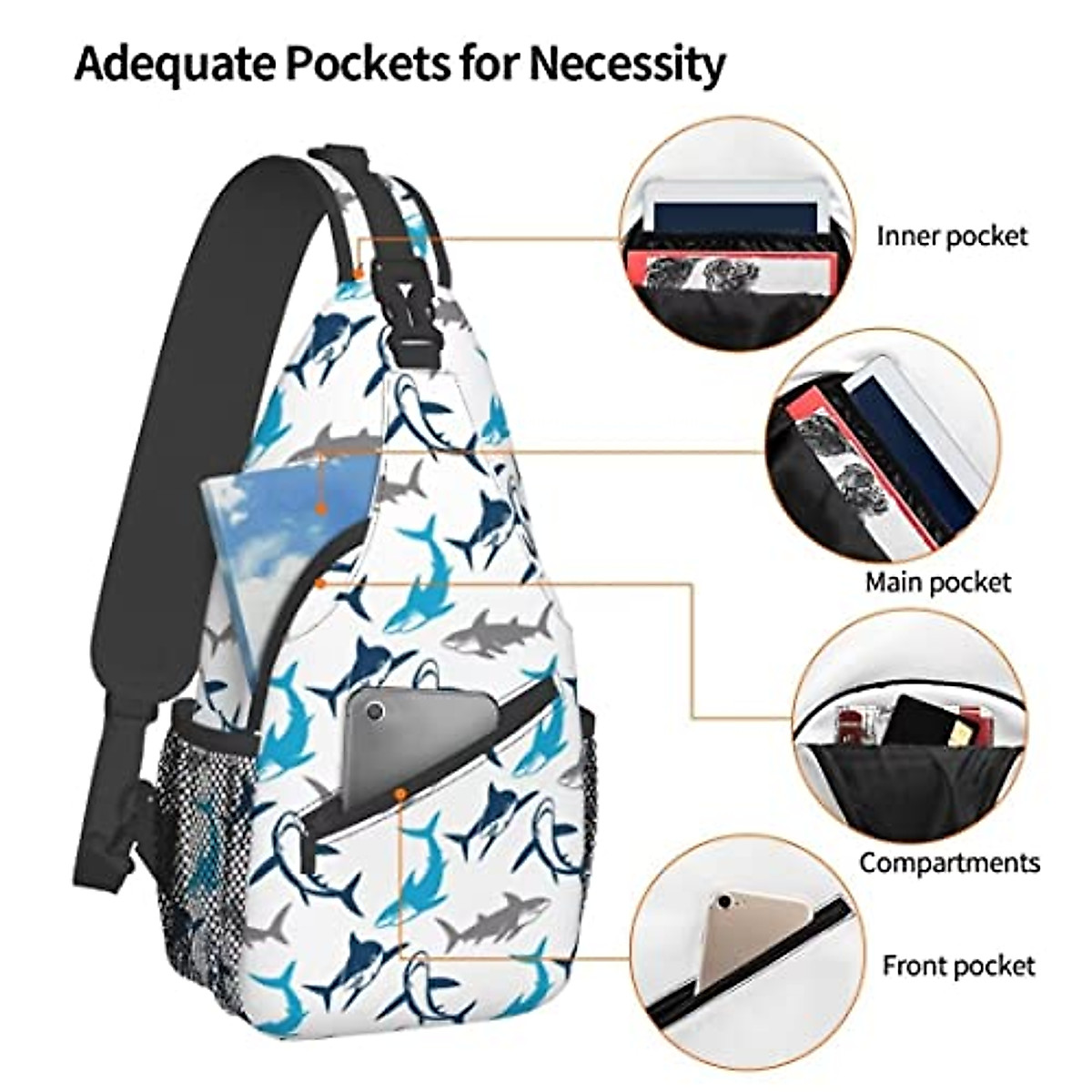 Shark Print Sling Bag Crossbody Backpack Elegant Seamless Pattern with Abstract Shark Silhouettes Gym Sports Travel Hiking Daypack Cute Animal Print Chest Bag Shoulder Bag for Women Men