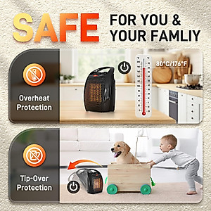 Rintuf Small Space Heater, 1500W Electric Heater, PTC Fast Heating Ceramic Heater w/ 3 Modes, Adjustable Thermostat, Overheat/Tip-Over Protection, Portable Heater Fan for Office Room Desk Indoor Use