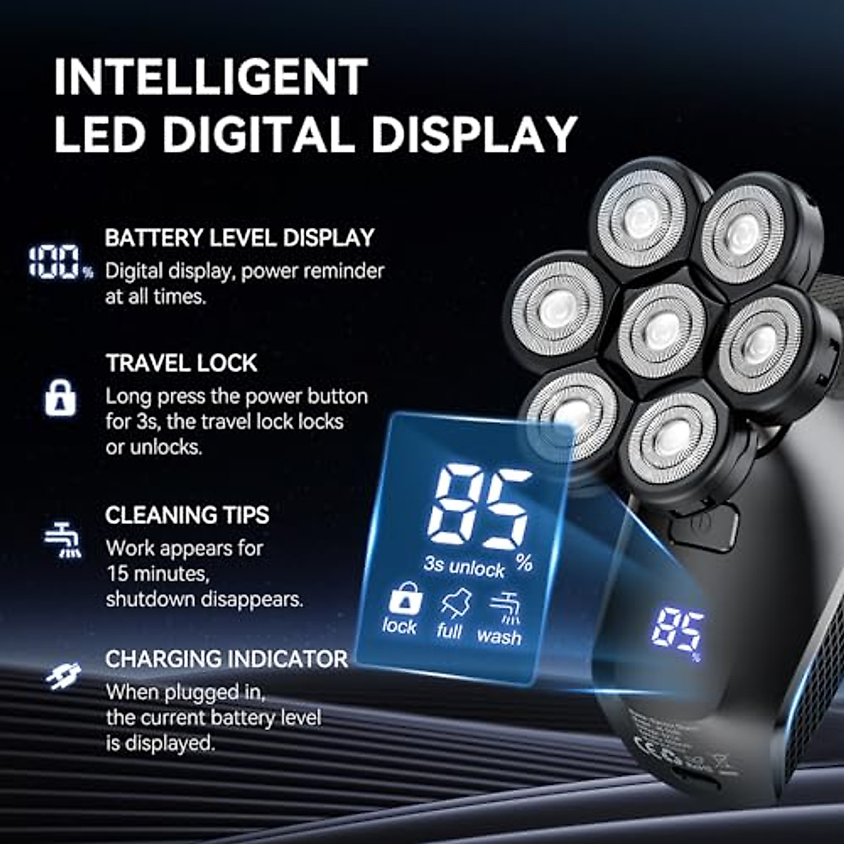 kensen 7D Head Shaver, 5 in 1 Bald Head Shavers for Men, Head Electric Razor with Nose Hair Sideburns Trimmer, Waterproof Wet/Dry Mens Grooming Kit, LED Display, USB Rechargeable, Gifts Travel Case