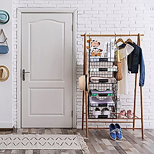 6 Tier Metal Hanging Closet Shelves Closet Hanging Organizer Wire Clothes Shelves with 9 S Hooks and 6 Name Plates Wall Mount Storage Basket Bins for Clothing Sweaters Shoes Handbags Clutches (Black)