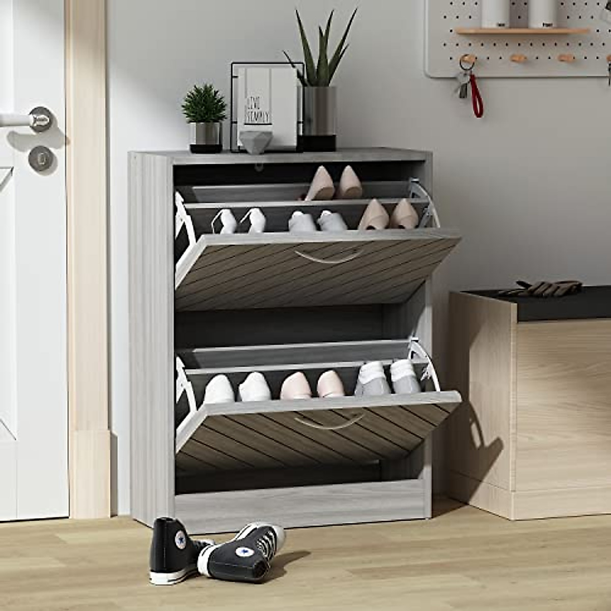 Homsee Modern Shoe Storage Cabinet with 2 Flip Drawers & Twill Louver Doors, Wood 2-Tier Shoe Rack Storage Organizer for Entryway, Hallway & Bedroom, Grey (22.4”L x 9.4”W x 29.5”H)