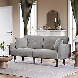 Koorlian Futon Sofa Bed, Convertible Sleeper Sofa with Armrest, Modern Fabric Small Couch, 2/3 Seater Folding Loveseat Couches Bed for Living Room, Dorm, Office, Adjustable Splitback, 2 Pillows, Grey