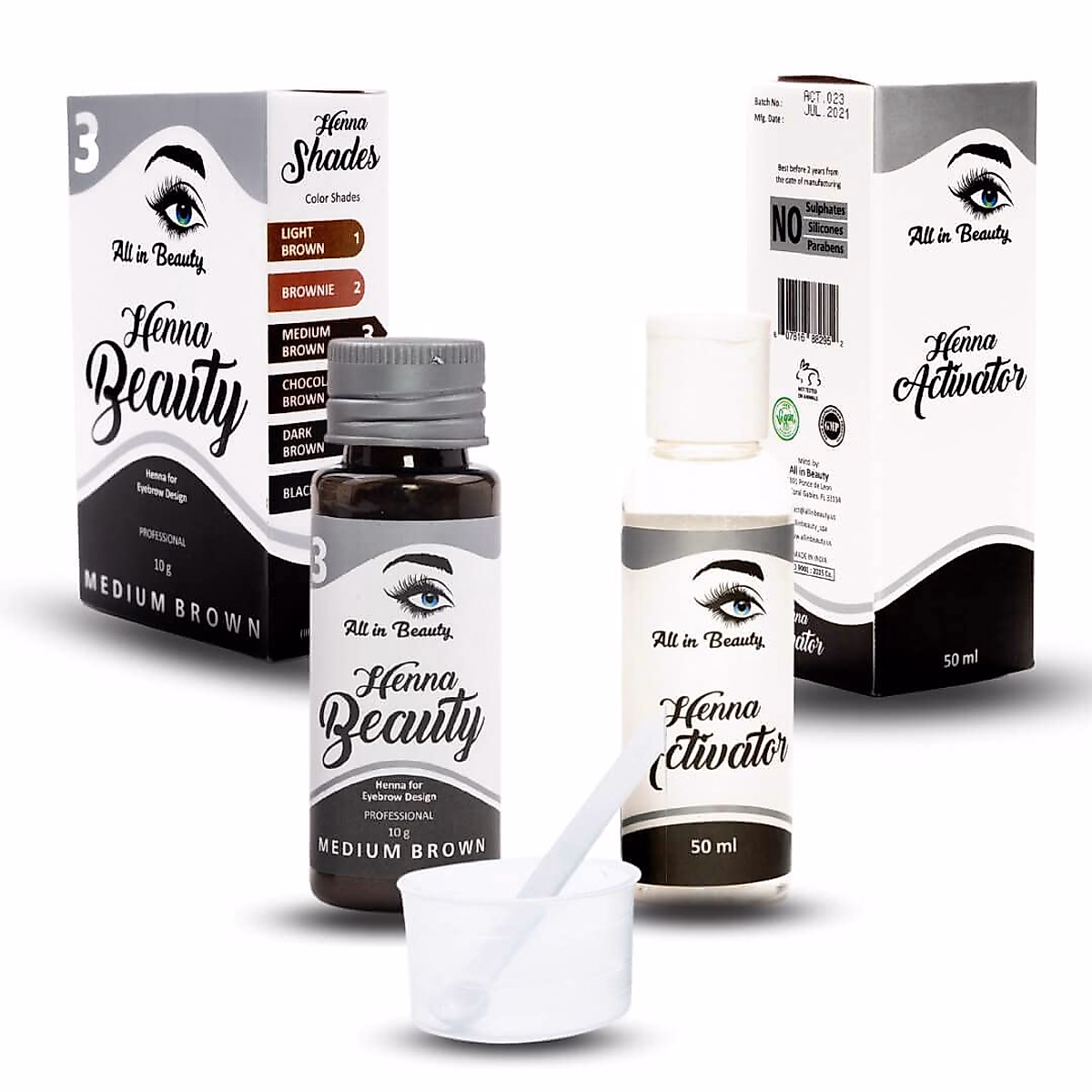 All in Beauty Henna Powder and Activator Color Enhancer Bundle for Brow Coloring and Tinting, Vegan,Made from Natural and Harmless Ingredients, Tint your Brows, Long Lasting and Waterproof