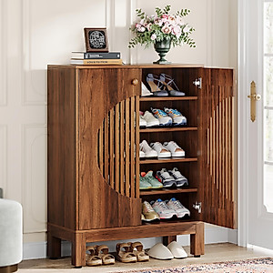 Tribesigns 5-Tier Shoe Cabinet with Round Louvered Doors, 20 Pairs Farmhouse Shoe Storage Cabinet with Adjustable Shelves, Freestanding Shoe Rack Organizer for Entryway, Hallway, Living Room, Brown