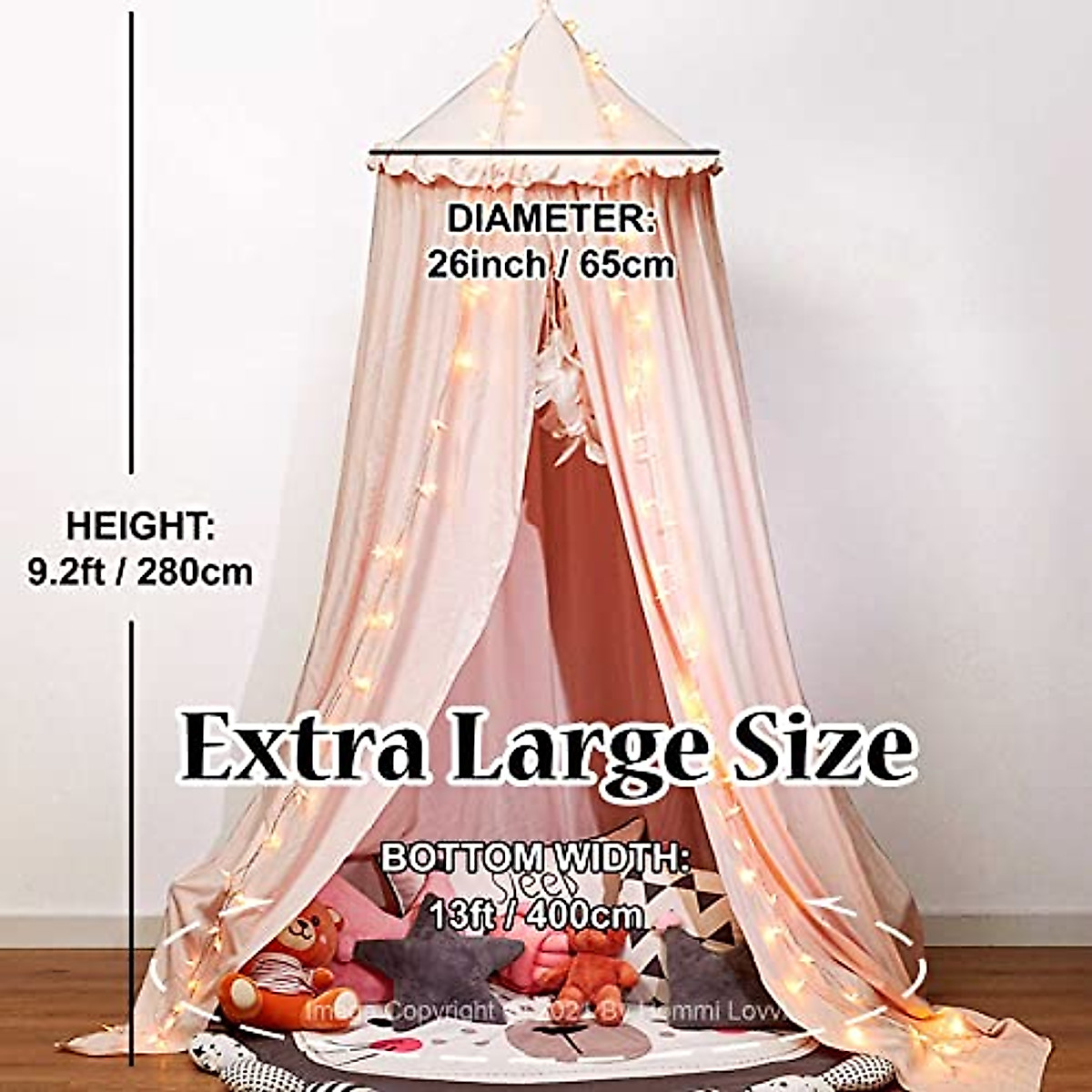 Hommi Lovvi Bed Canopy for Girls, Dreamy Frills Ceiling Hanging Princess Canopy Bedroom Decoration Soft Canopy Net Reading Nook, Extra Large Full Queen Size Bed Canopies - Light Pink