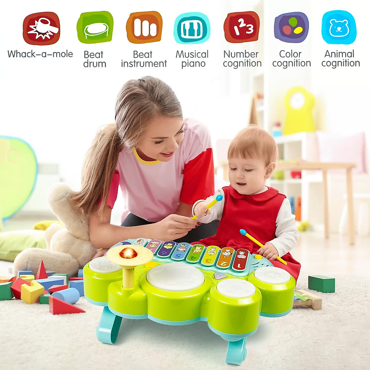 Marstone Musical Toys for Toddlers 1-3, Baby Piano Keyboard for 1 Year Old Girls Boys Toys, Xylophone Toddlers Drum Set Music Toys with Lights, Early Educational Learning Toy Gifts