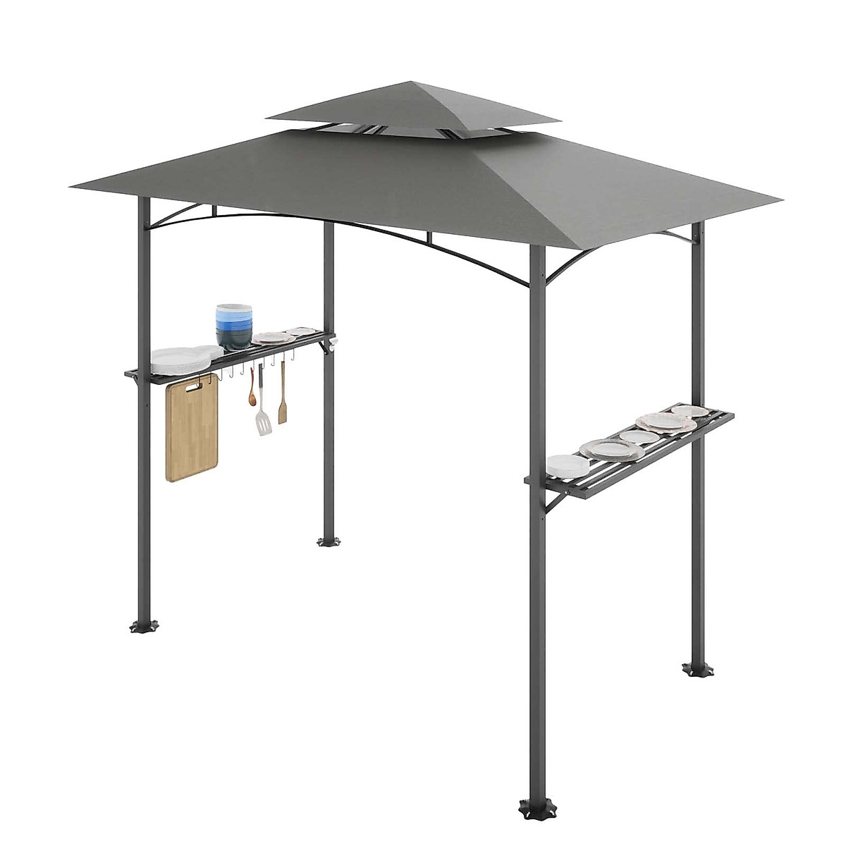 8X 5 FT Grill Gazebo Canopy Top, Gazebo Roof Double Tiered, Water-Repellent, Outdoor BBQ Roof Cover Grill Shelter with 2 Side Shelves, 5 Hooks, Bottle Opener, Barbecue Grill Gazebo Shelter (Gray)