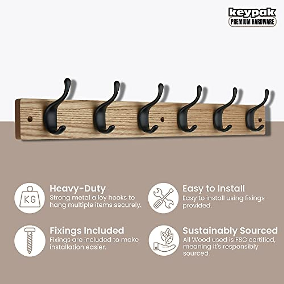 keypak Modern Wall Mounted Coat Rack, Matte Black Hooks on Wood Base (6 Hooks, Ash Effect)