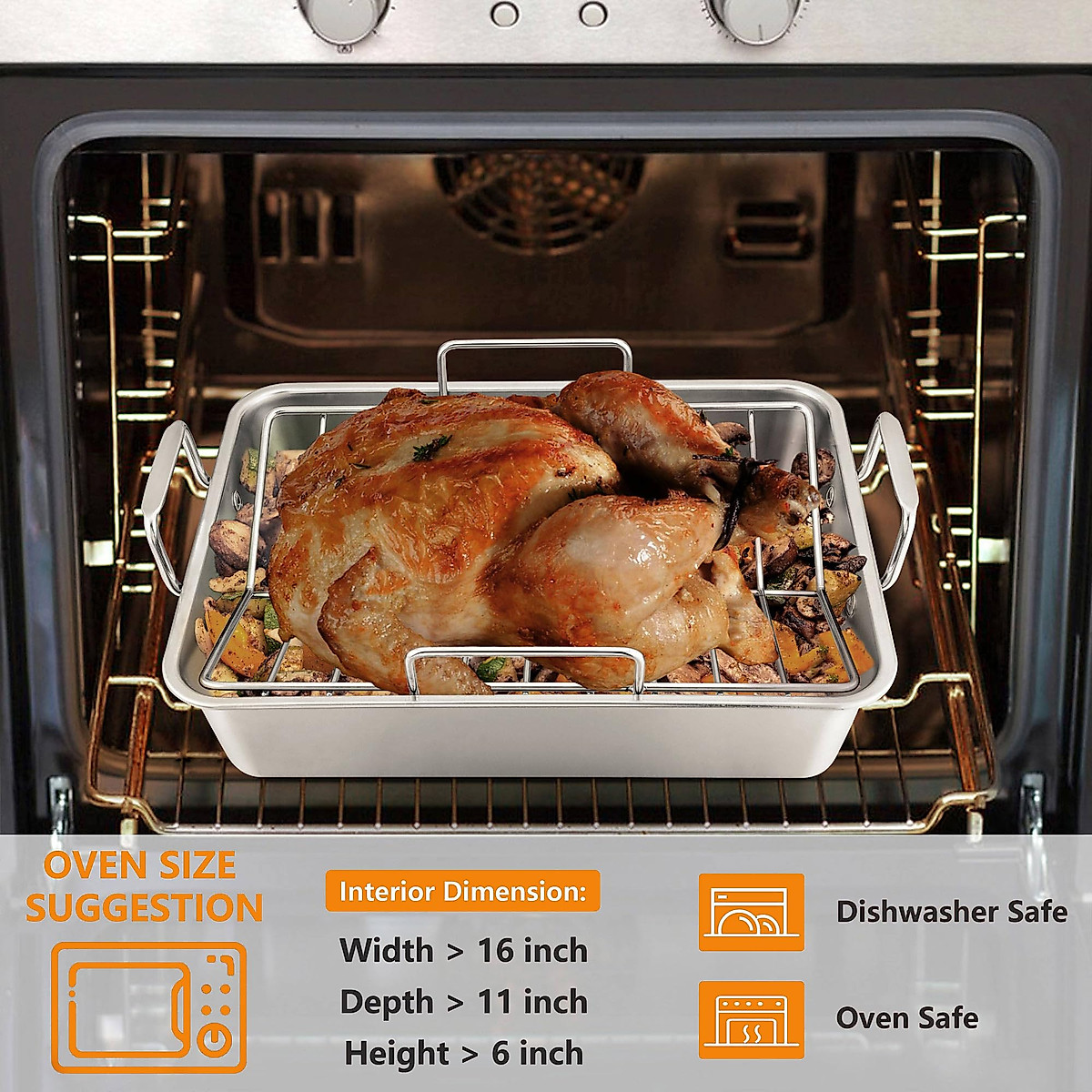 LIANYU Roasting Pan, 14 Inch Turkey Roaster Pan with 2 Racks, Heavy Duty Stainless Steel Lasagna, Pan, Deep Broiling Pan for Turkey, Chicken, Dishwasher Safe