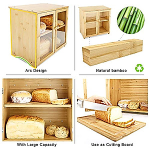 Leopard Bamboo Bread Box for Kitchen Countertop, 2 Layers Bread Boxes with Clear Window for Kitchen Food Storage, Large Bread Storage Bin with Cutting Board - Natural Bamboo