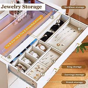 JanflyHome 5 Drawer Dresser for Bedroom Tall, Glass Dresser with 20 Colors LED Lights, Wardrobe Closet Island as Jewelry Organize, Jewelry Dresser Display, White