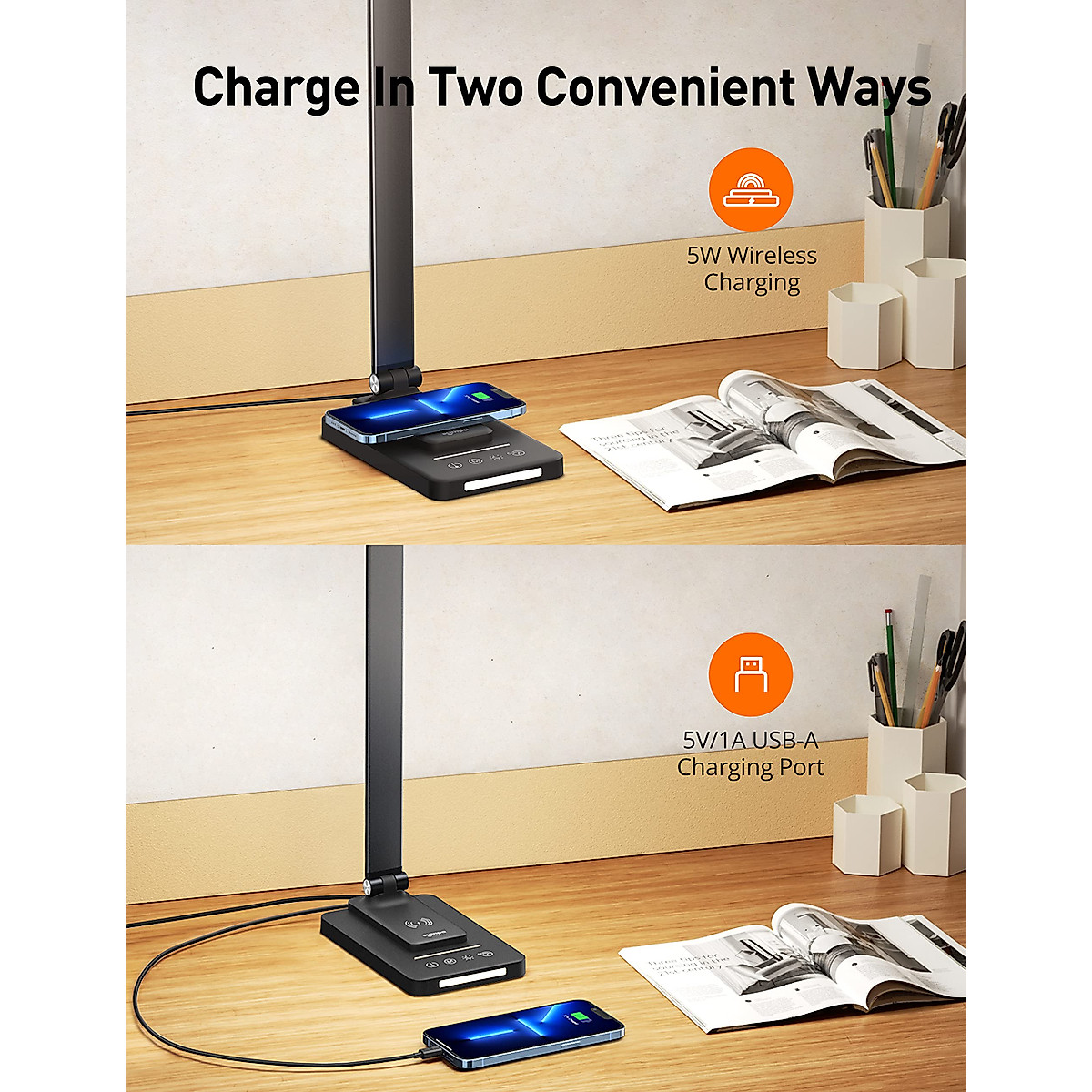 sympa LED Desk Lamp, Desk Lamp with Wireless Charger, Dimmable Desk Light with 25 Light Modes, Study Lamp with Night Light, 60 Min Timer, 5S Delay, for Home Office