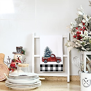 ARKENY Christmas Dish Towels for Christmas Decor Black Buffalo Plaid Kitchen Towels 18x26 Inch Xmas Wreath Snow Washcloths Seasonal Noel Red Truck Home Hand Towel for Cooking Set of 2